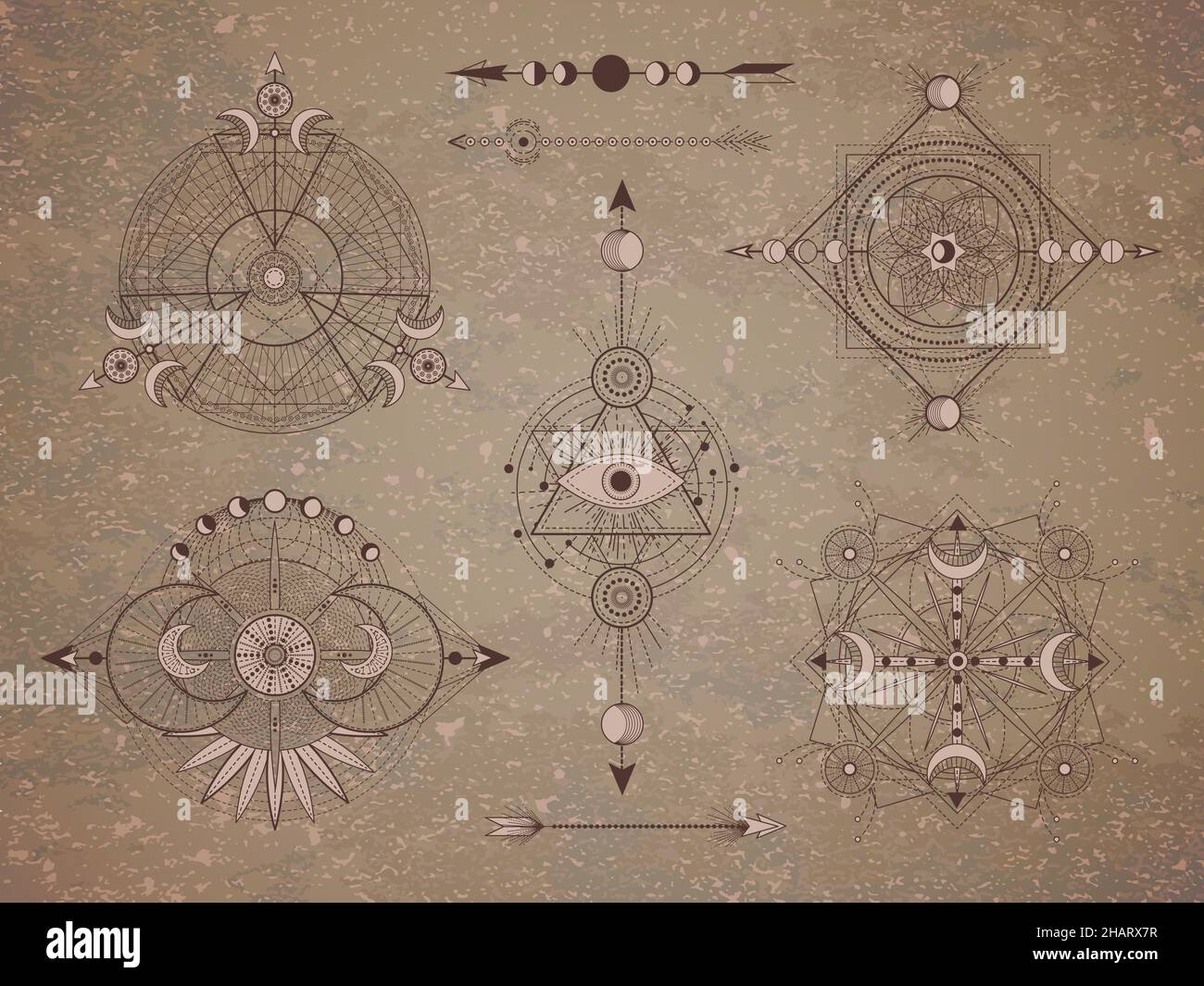 Vector set of Sacred symbols with moon, eye, arrows and geometric ...