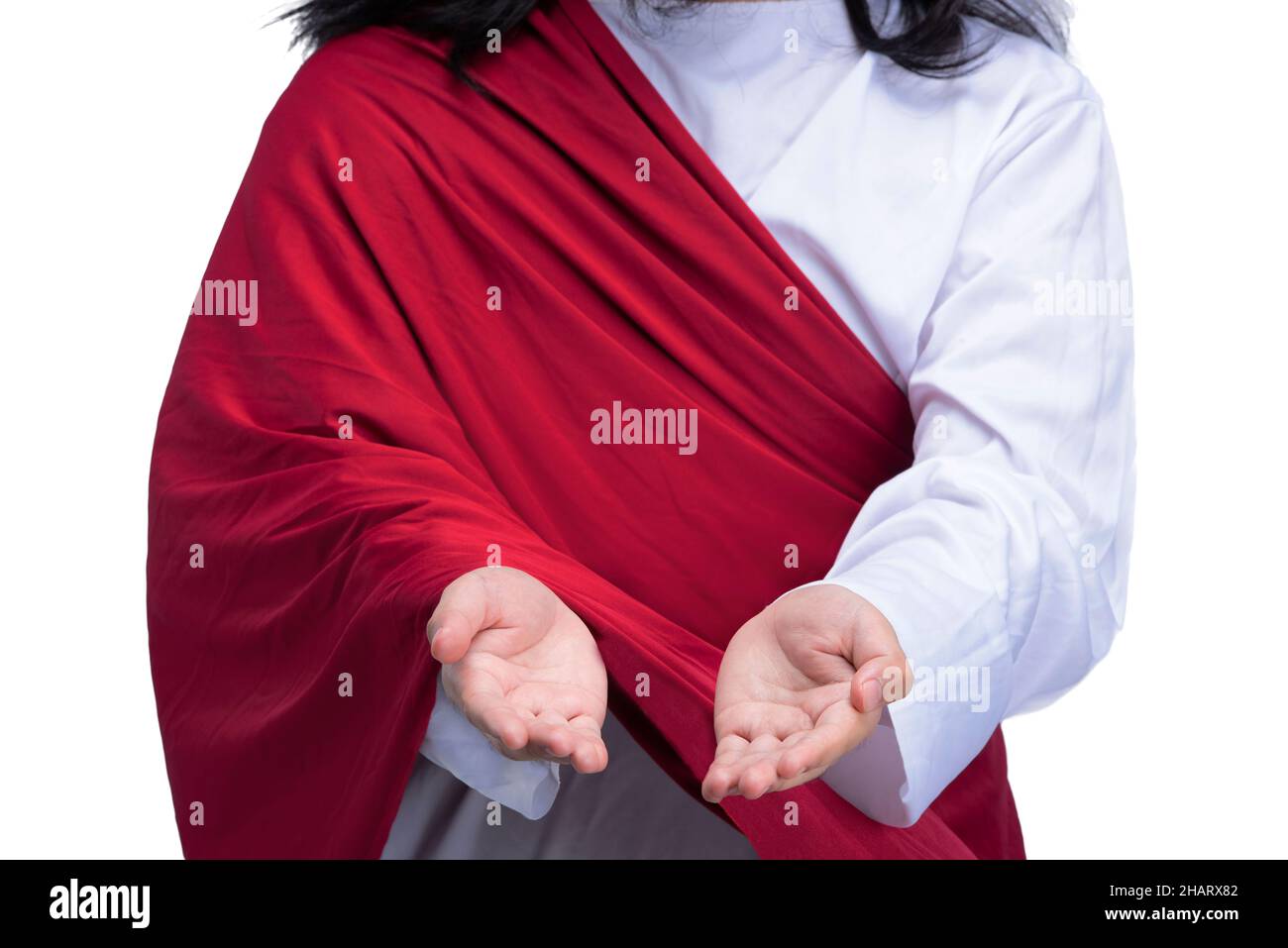 Jesus Christ with open palm giving helping hand isolated over white ...