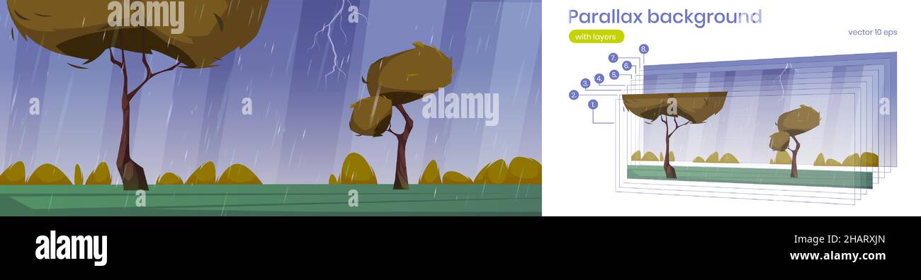 Autumn landscape with orange trees and bushes in rain. Vector parallax ...