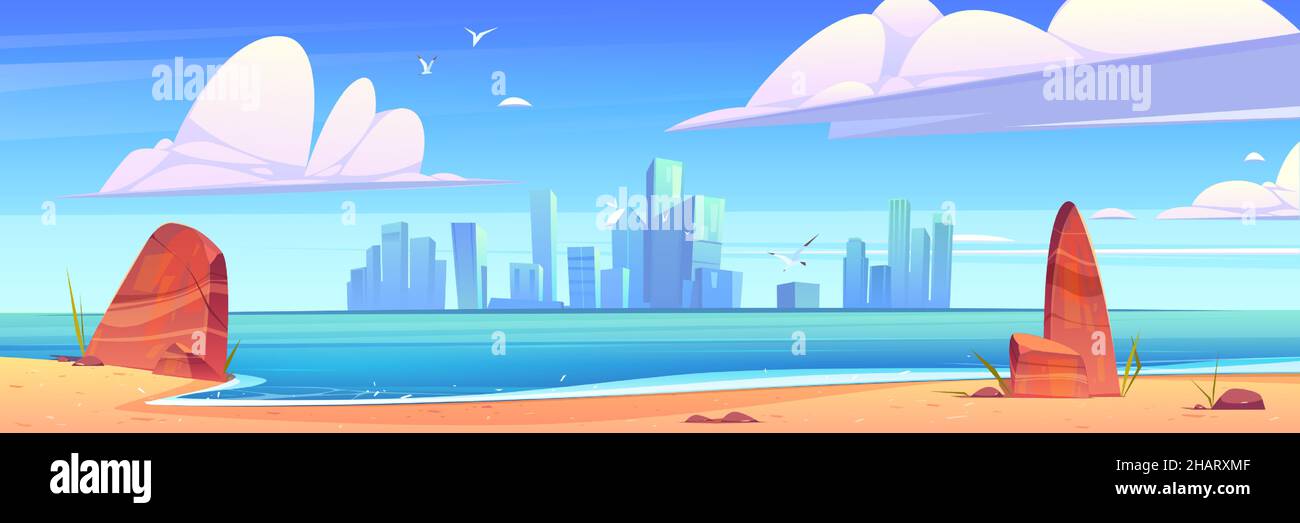 City skyline architecture at waterfront bay view from sea beach. Modern ...