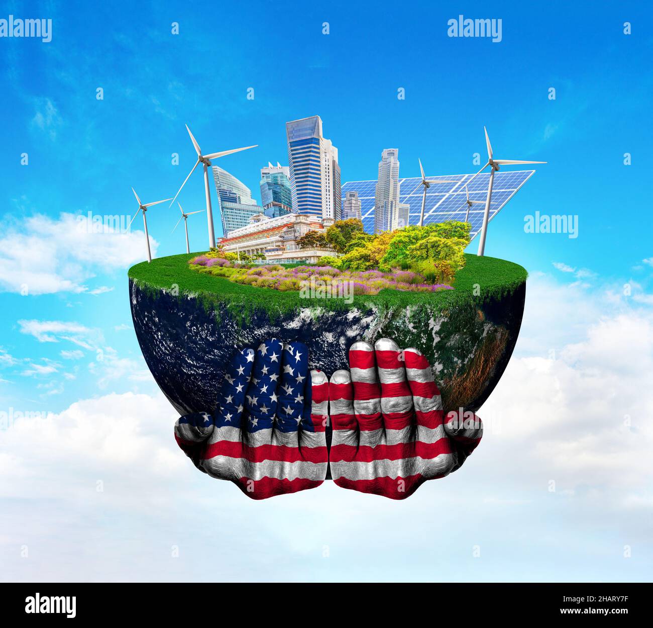 US flag on hands holding planet earth with clean city relying on ...