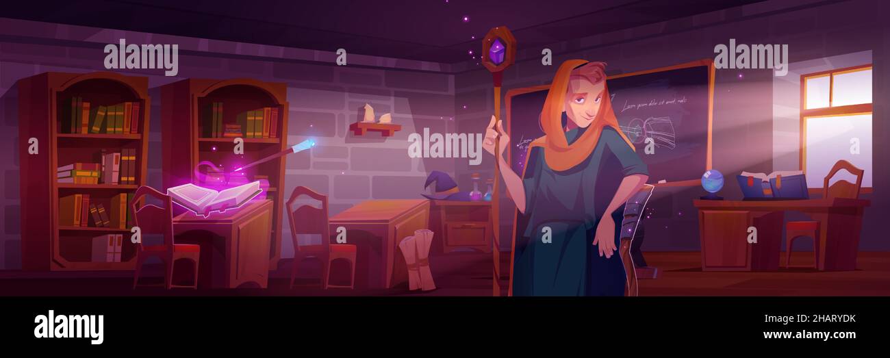 Man wizard in magic school classroom. Vector cartoon illustration of ...