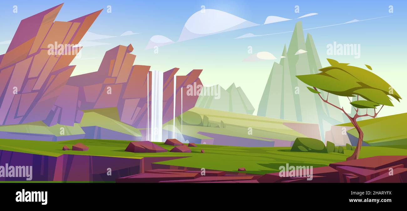Prehistoric landscape, cartoon scenery background with green tree ...