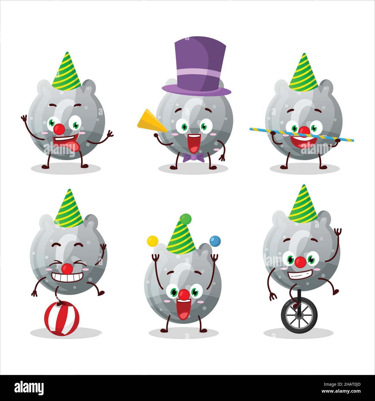 Cartoon character of gray gummy candy G with various circus shows ...