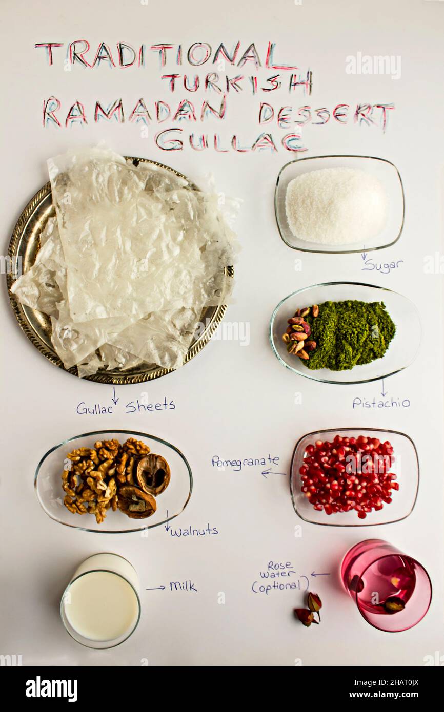 Traditional Turkish Ramadan Milk Dessert Gullac ingredients with ...