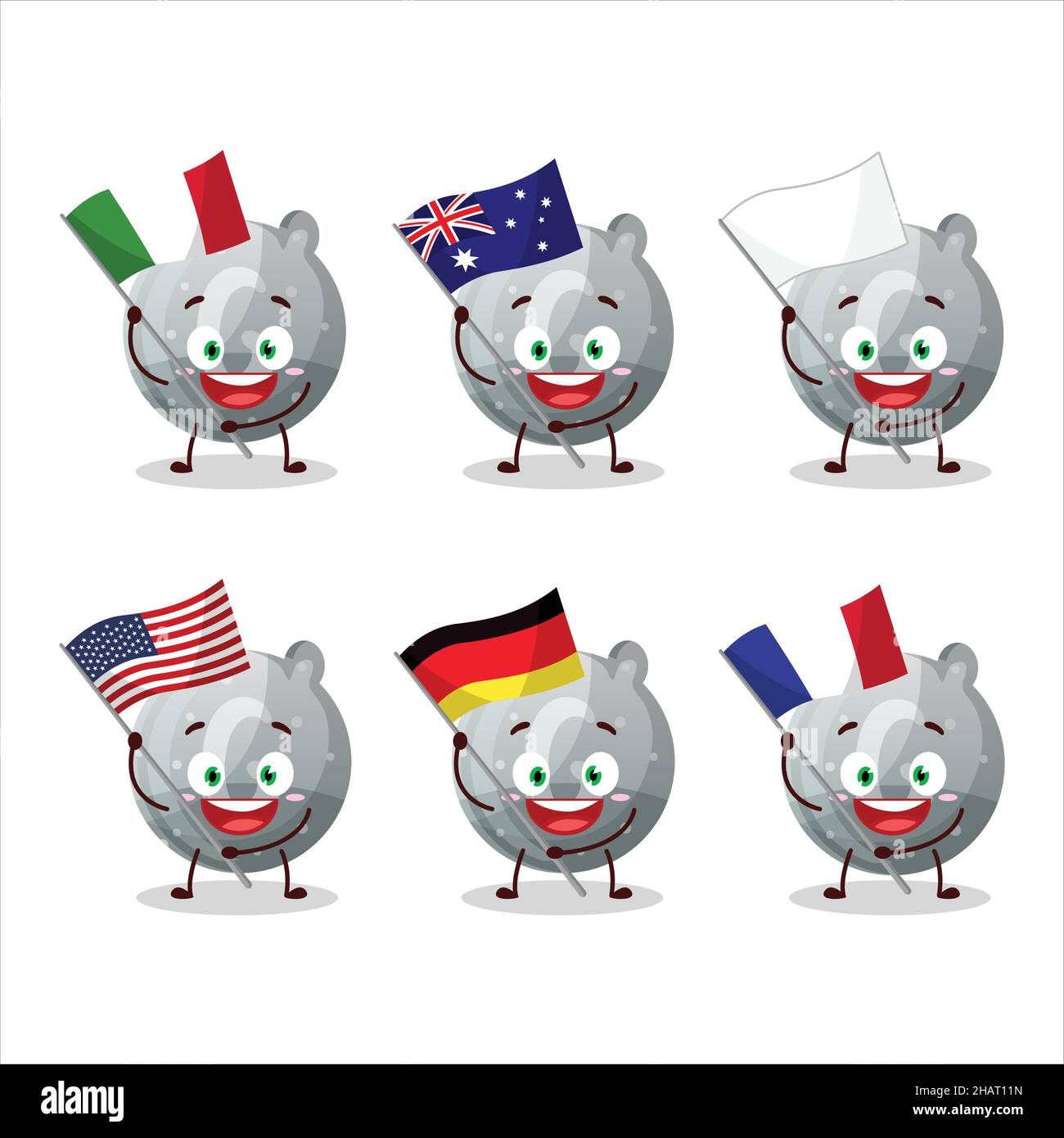 Gray gummy candy G cartoon character bring the flags of various ...