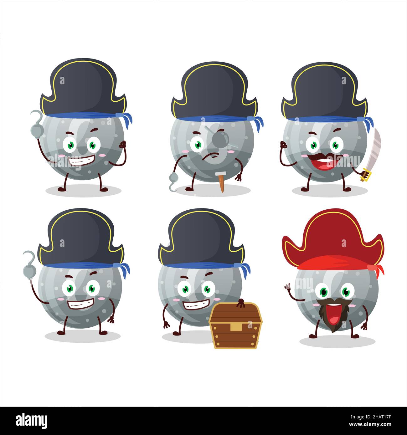 Cartoon character of gray gummy candy G with various pirates emoticons ...