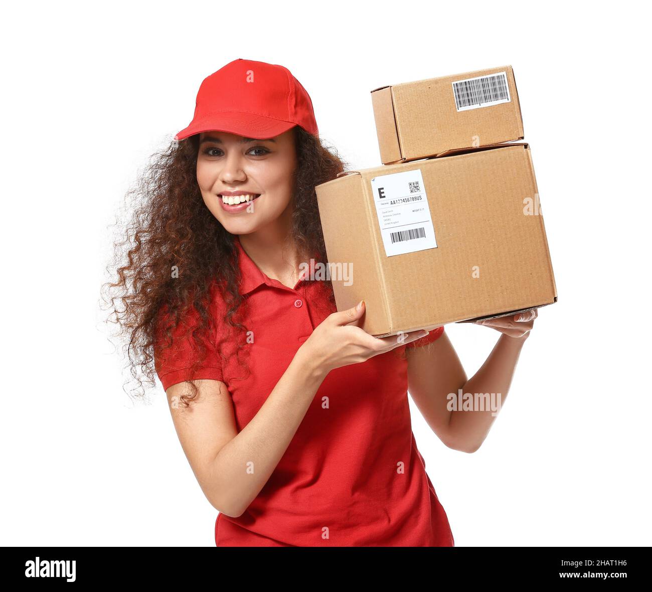 Female African-American courier with parcels on white background Stock ...