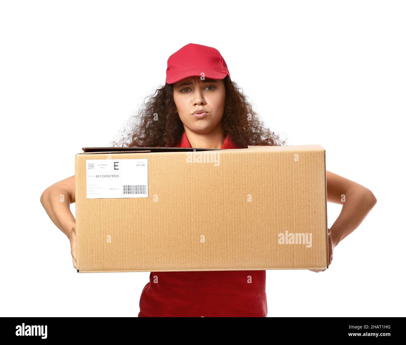 Female African-American courier with parcel on white background Stock ...