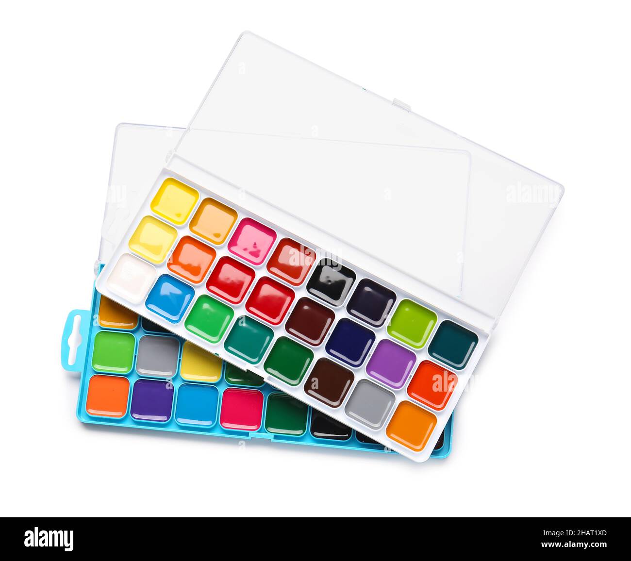 Plastic boxes with watercolor paints on white background Stock Photo ...