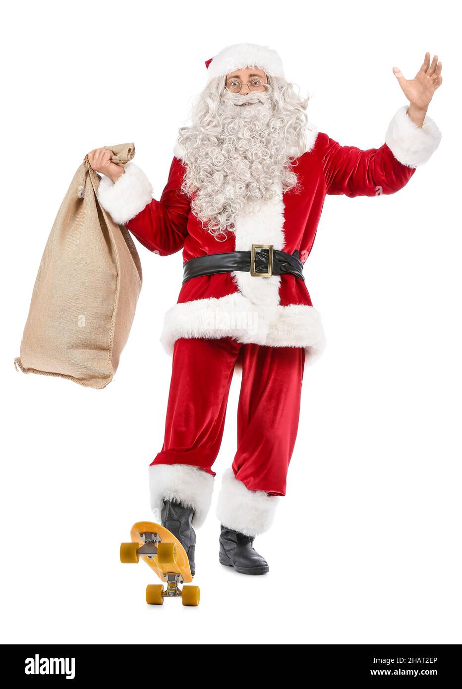 Santa Claus with sack bag and skateboard on white background Stock ...
