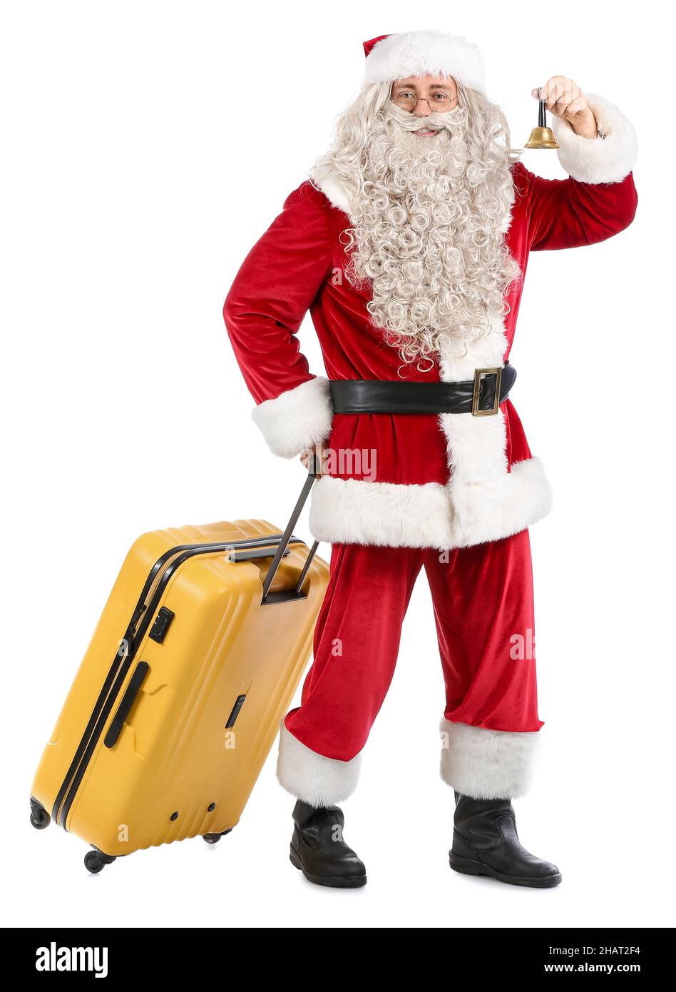Santa Claus with Christmas bell and suitcase on white background Stock ...