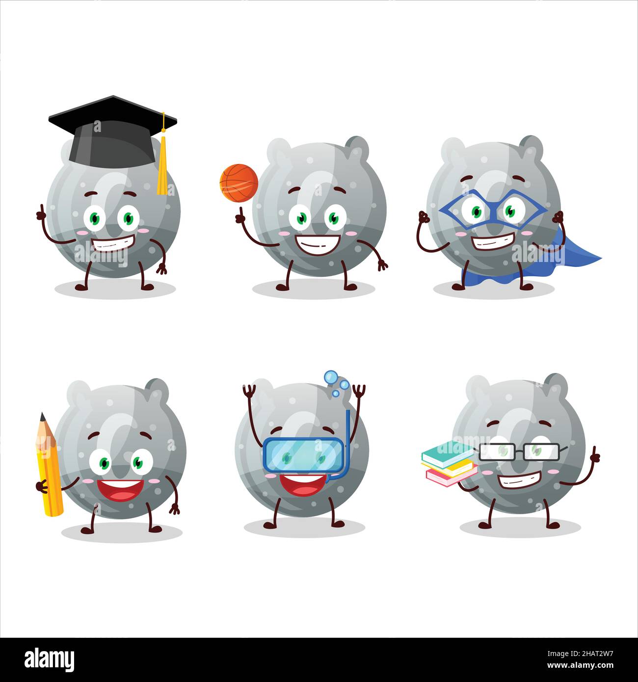 School student of gray gummy candy G cartoon character with various ...
