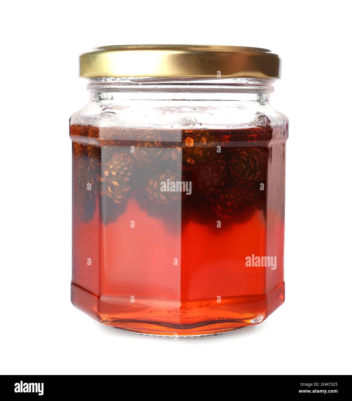 Jar of tasty pine cone jam on white background Stock Photo - Alamy
