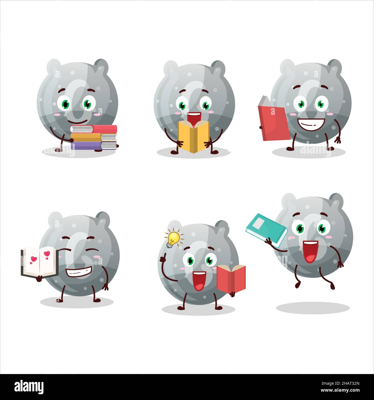 A picture of gray gummy candy G cartoon character concept reading an ...