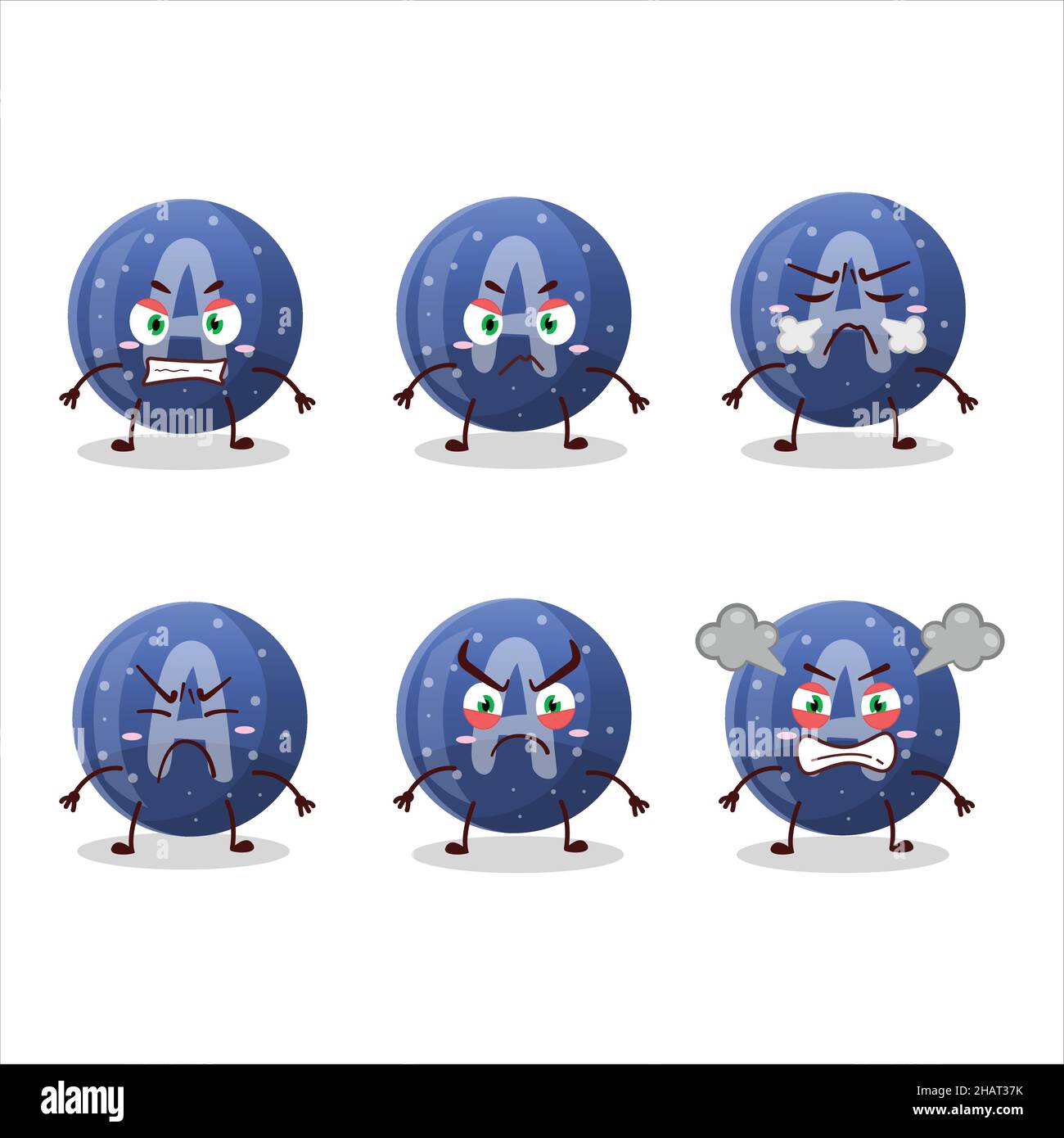 Blue gummy candy A cartoon character with various angry expressions ...