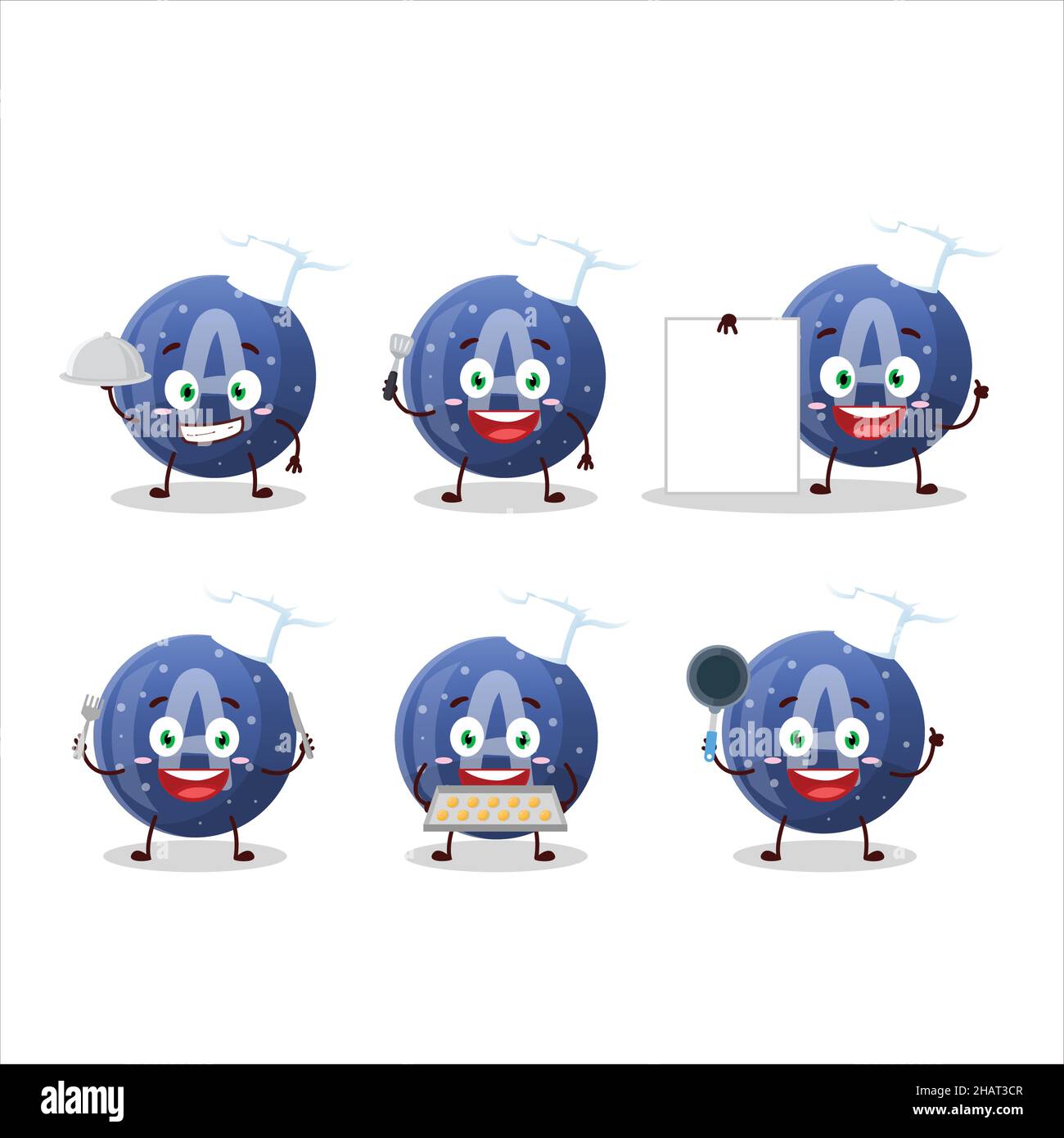 Cartoon character of blue gummy candy A with various chef emoticons ...