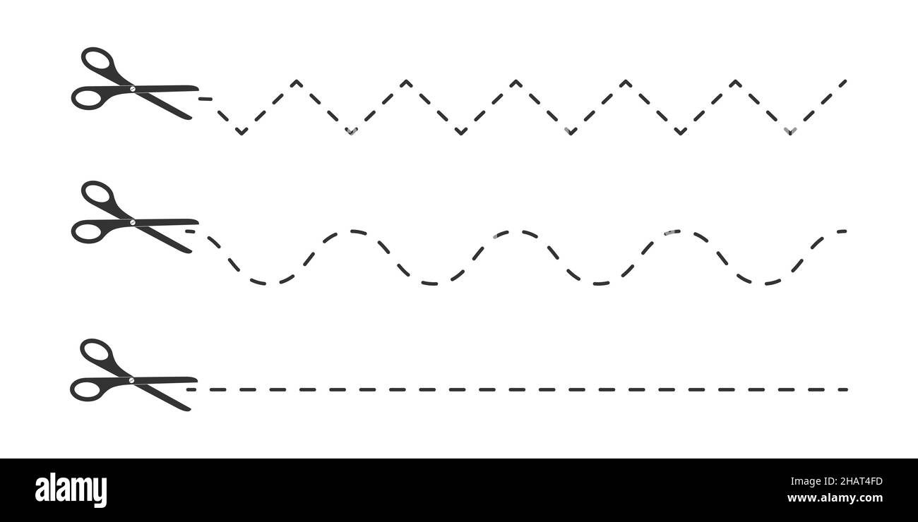 Set of scissors icons with dotted zigzag, wave and straight lines. Cut ...