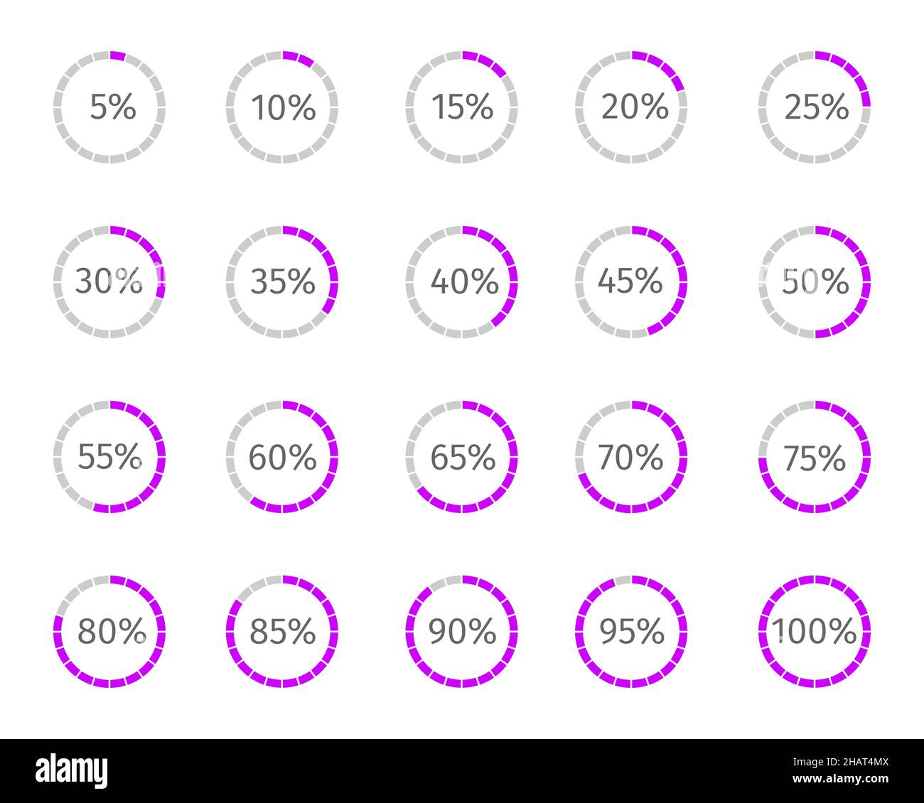 Round loading bars with percentage numbers divided on segments from 1 ...