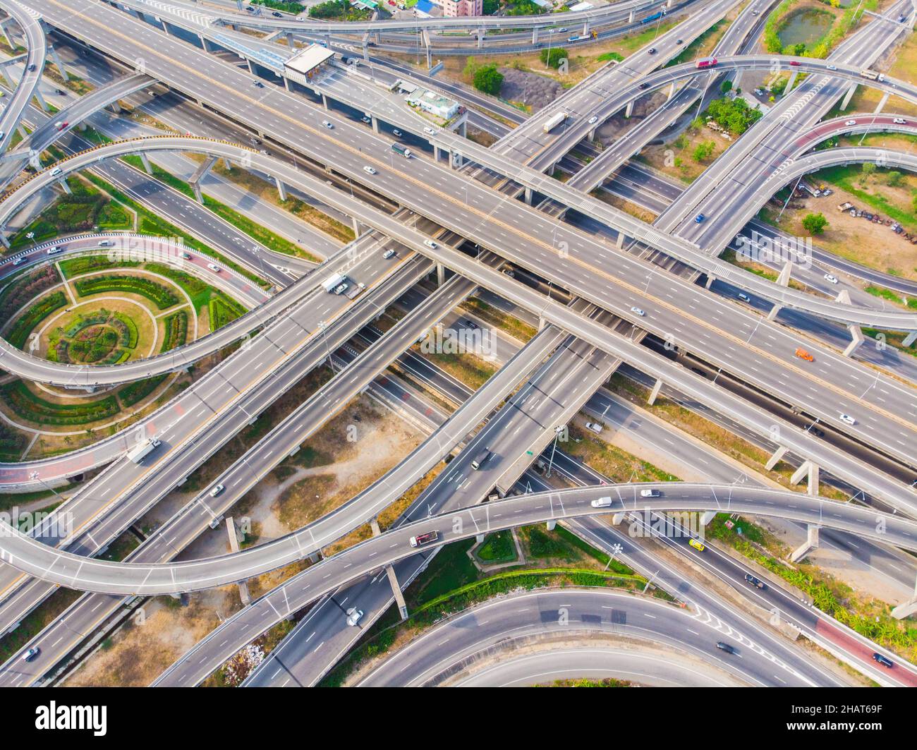 Aerial view city transport curve return road with car transport ...