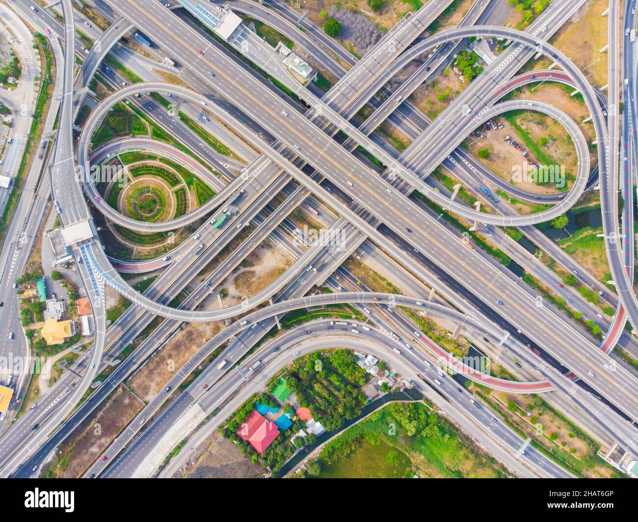 Aerial view city transport curve return road with car transport ...