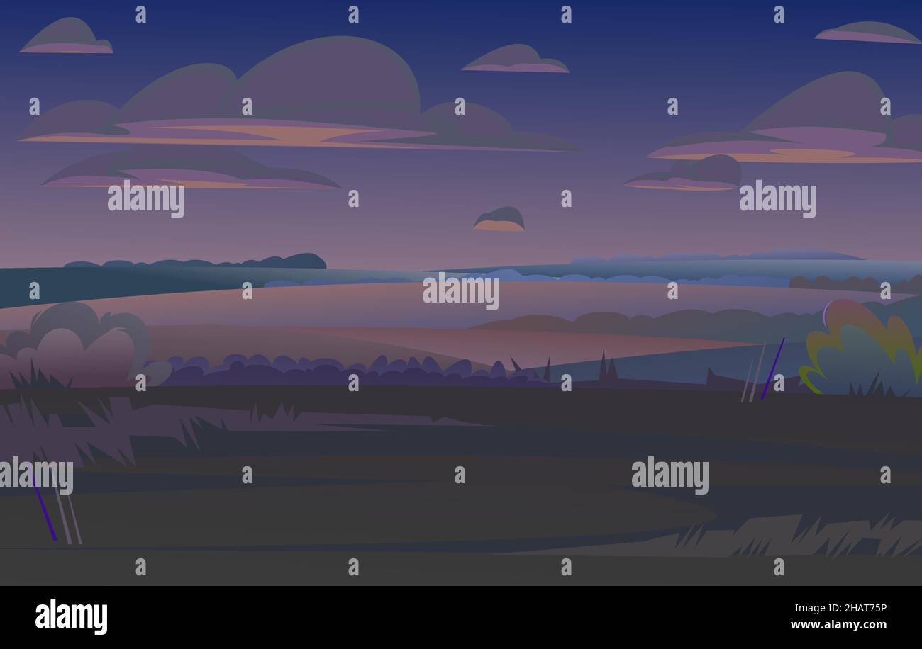 Night rural landscape. View of farm garden fields and hills. Flat style ...