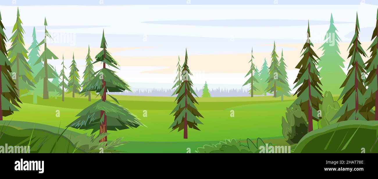 Coniferous Forest Panorama. Pine and rees on Glade. Seamless horizontal ...