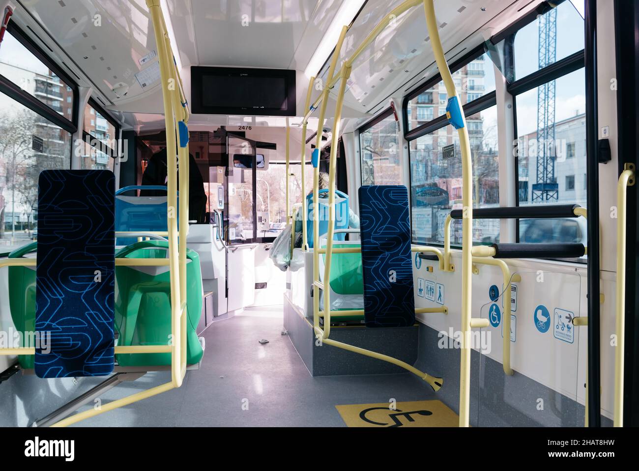 Madrid, Spain - December 5, 2021: Interior view of a modern bus. Empty ...