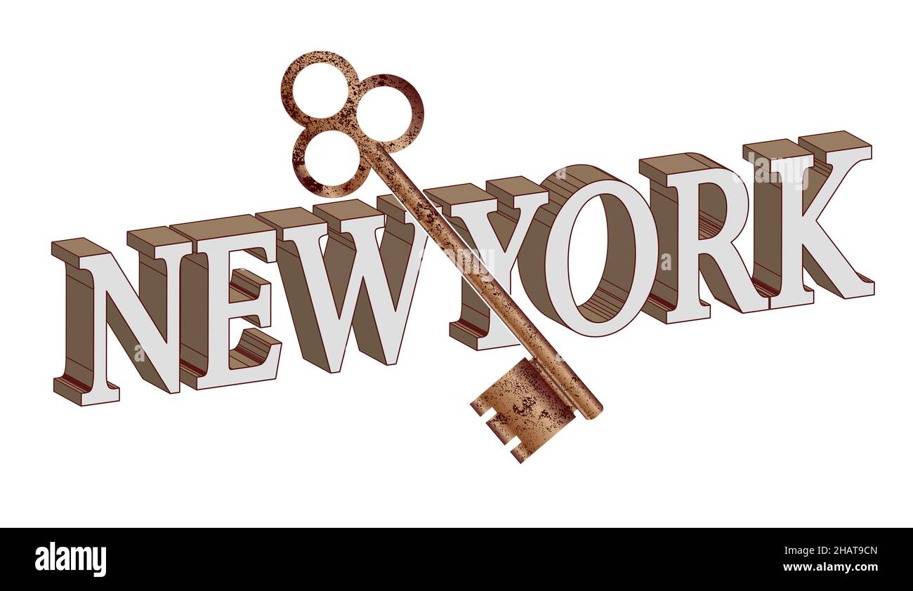 The key to the city of new york over texy on white Stock Photo - Alamy