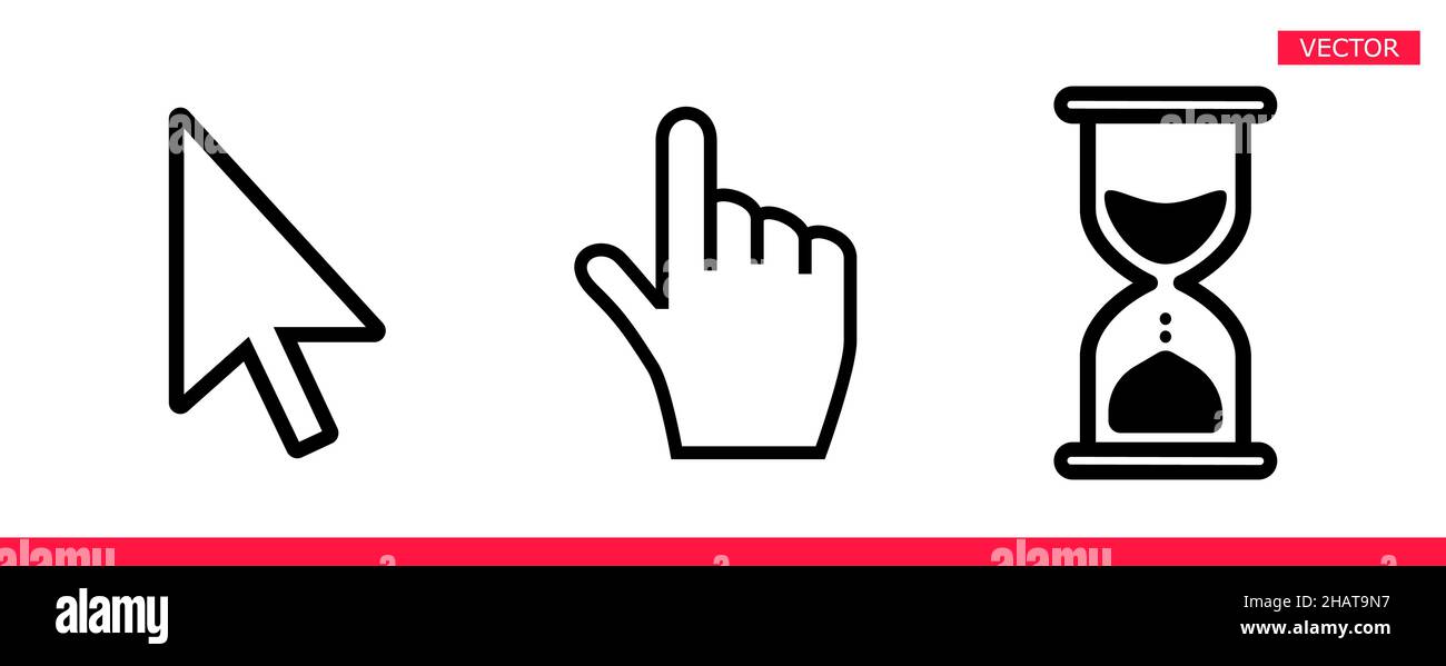 Black hourglass loading clock, pointer hand and arrow mouse cursors ...