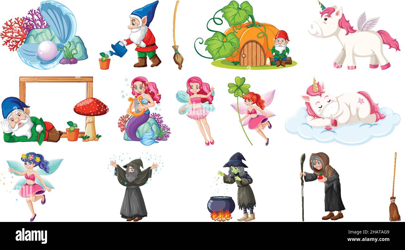 Set of fantasy fairy tale characters and elements illustration Stock ...