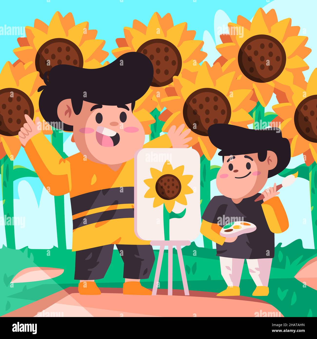 father and his son is painting with the theme yellow sunflower, the ...