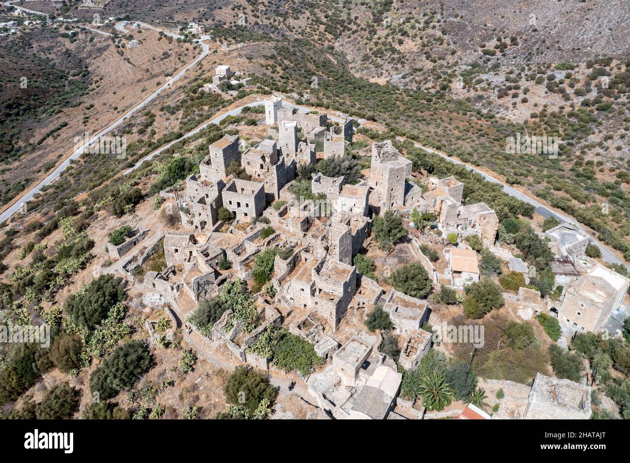 Greece Vathia, old abandoned village with tower houses, Vatheia aerial ...
