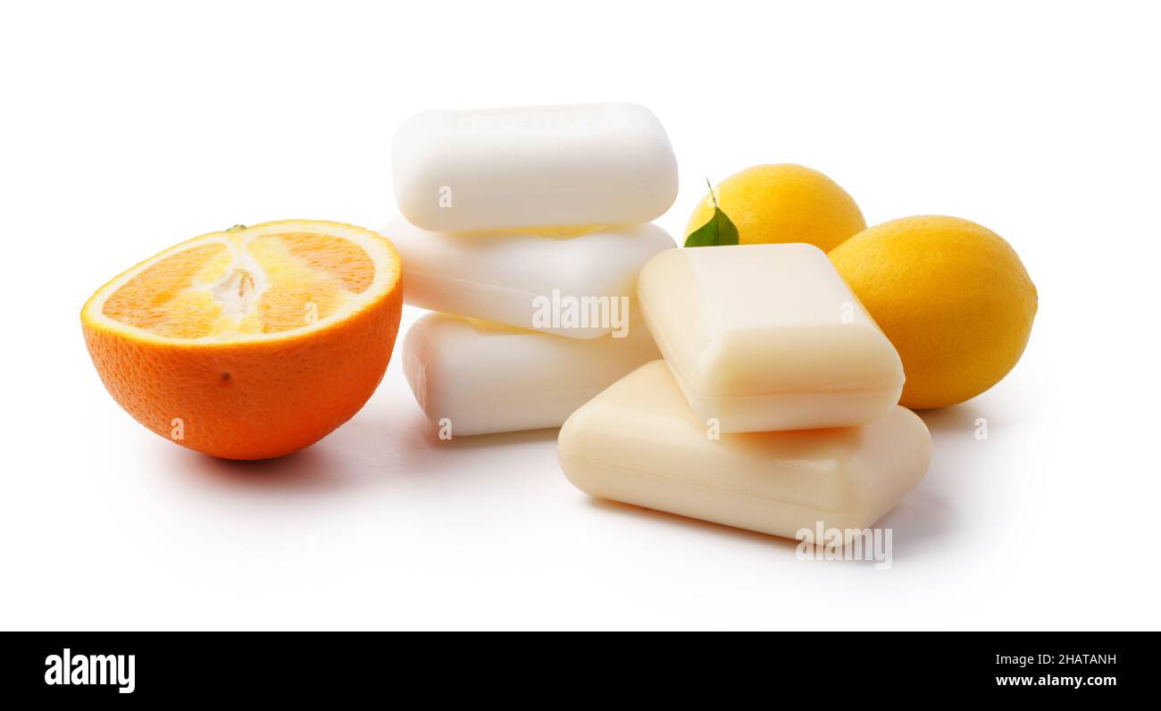 Handmade citrus soap and fresh fruit on white background Stock Photo ...