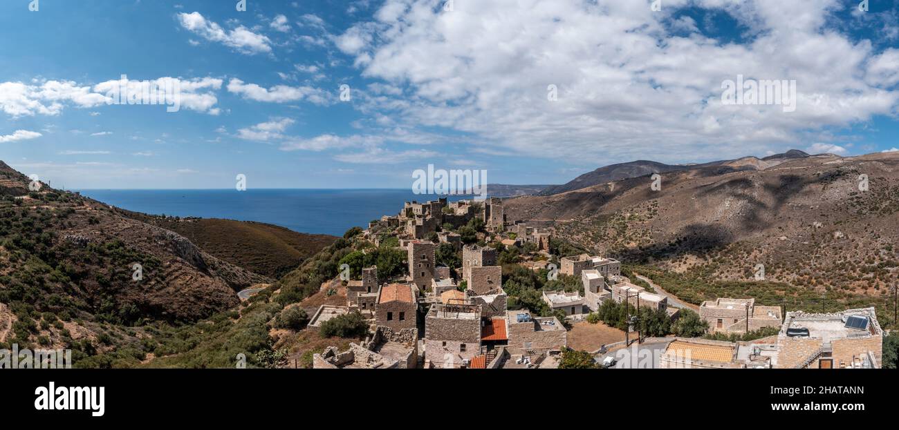 Greece Vathia, old abandoned village with tower houses, Vatheia aerial ...