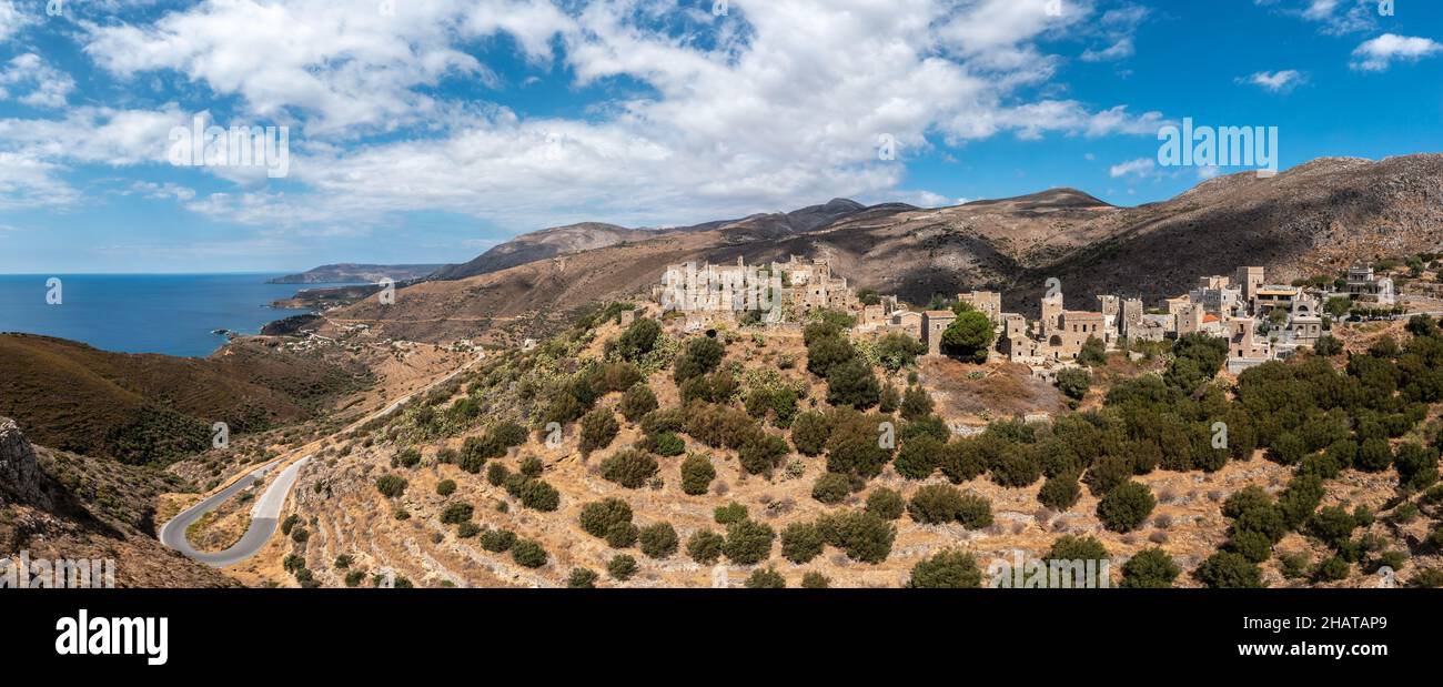 Greece Peloponnese. Vatheia or Vathia, old abandoned village with tower ...