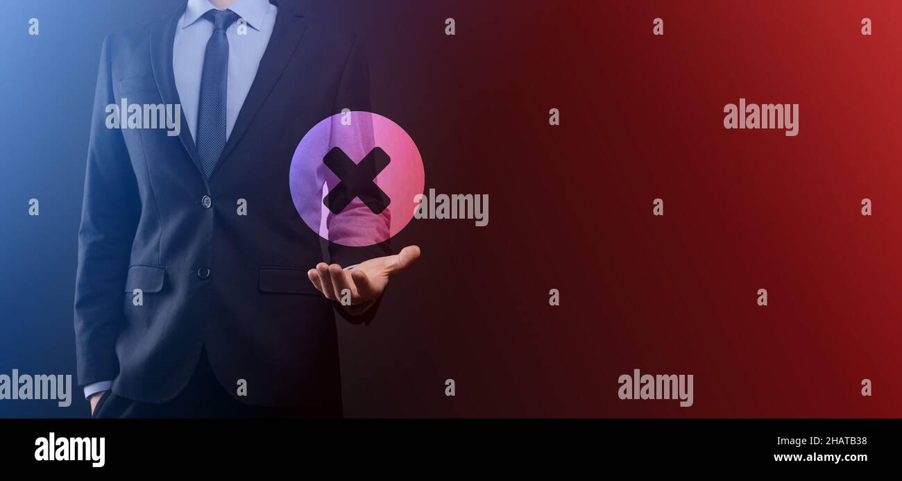 Hand holds icon,cancellation symbol,cancel icon.Cross mark flat red ...