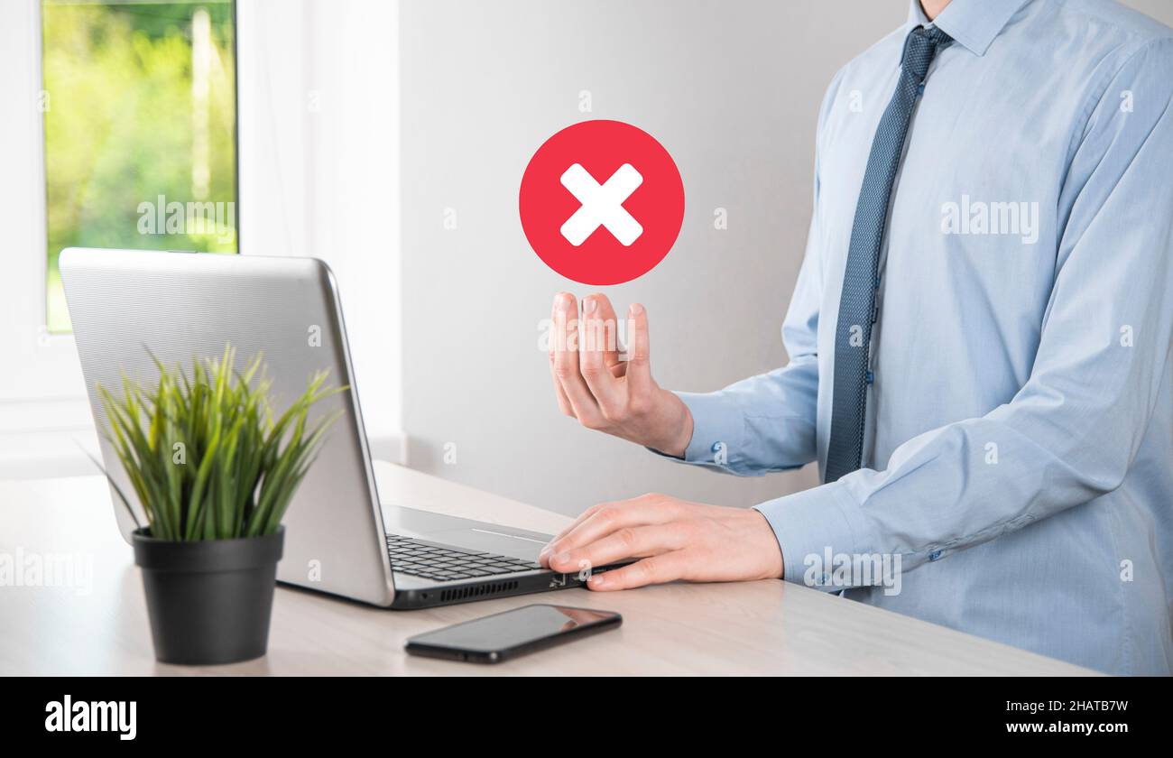 Hand holds icon,cancellation symbol,cancel icon.Cross mark flat red ...