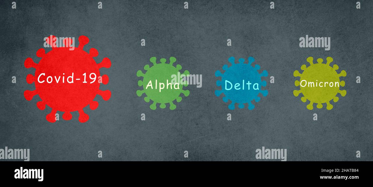 Covid-19 virus variants alpha, delta and omicron in a line, 3d ...