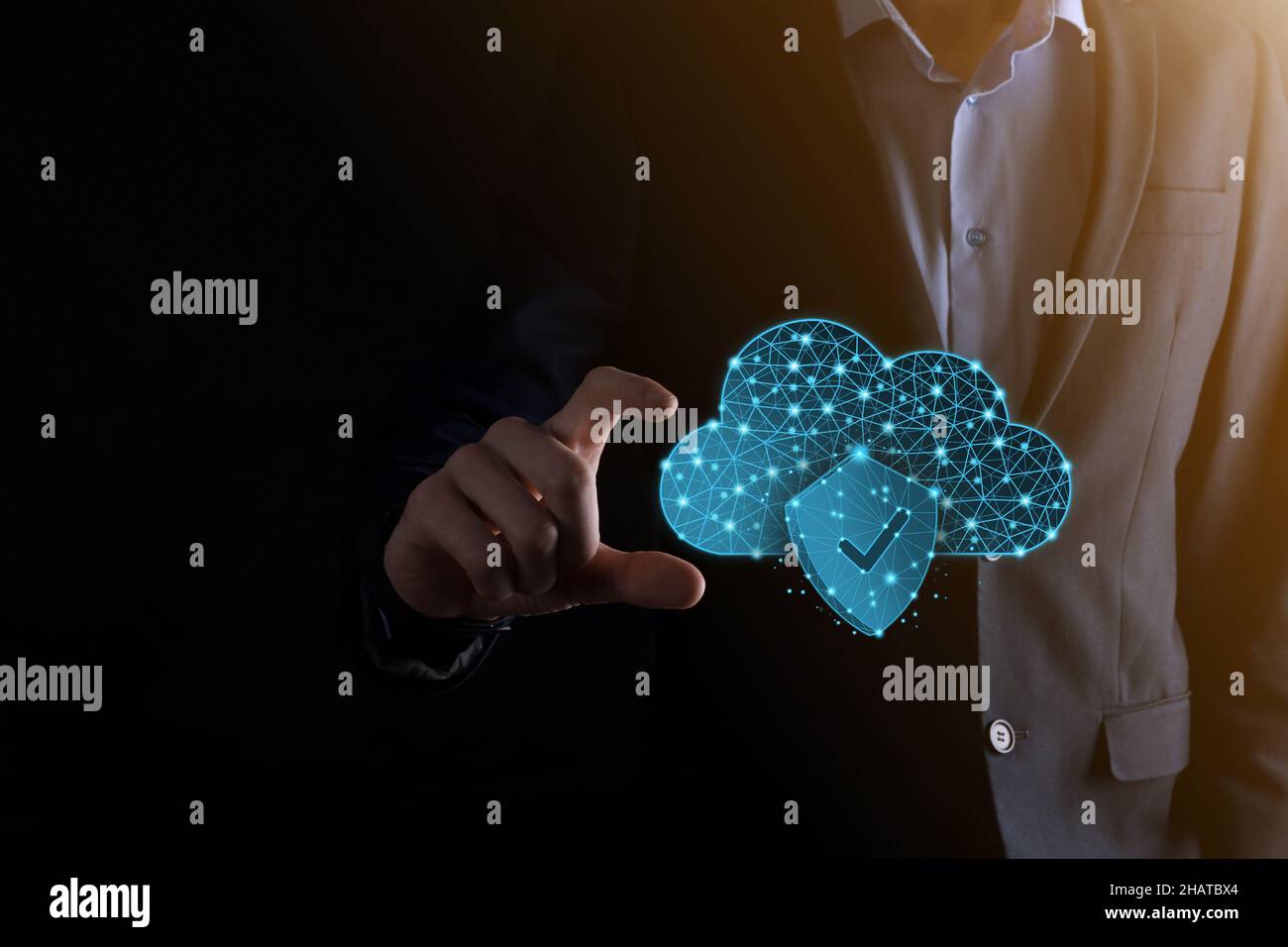 Cloud technology. Polygonal wireframe cloud storage sign with shield ...