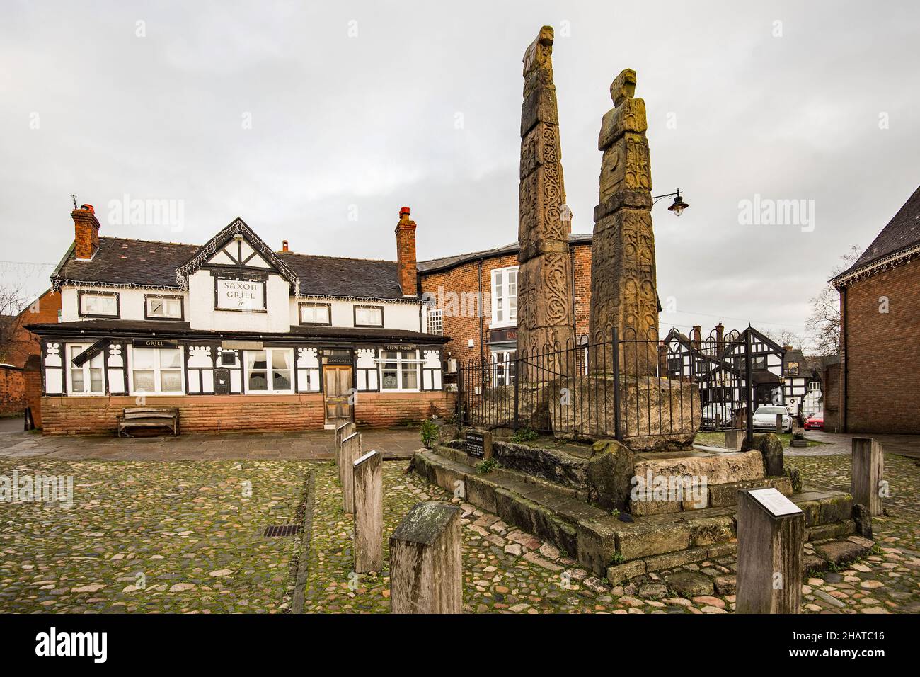 The Saxon Grill behind the Sandbach Crosses in Sandbach, Cheshire Stock ...