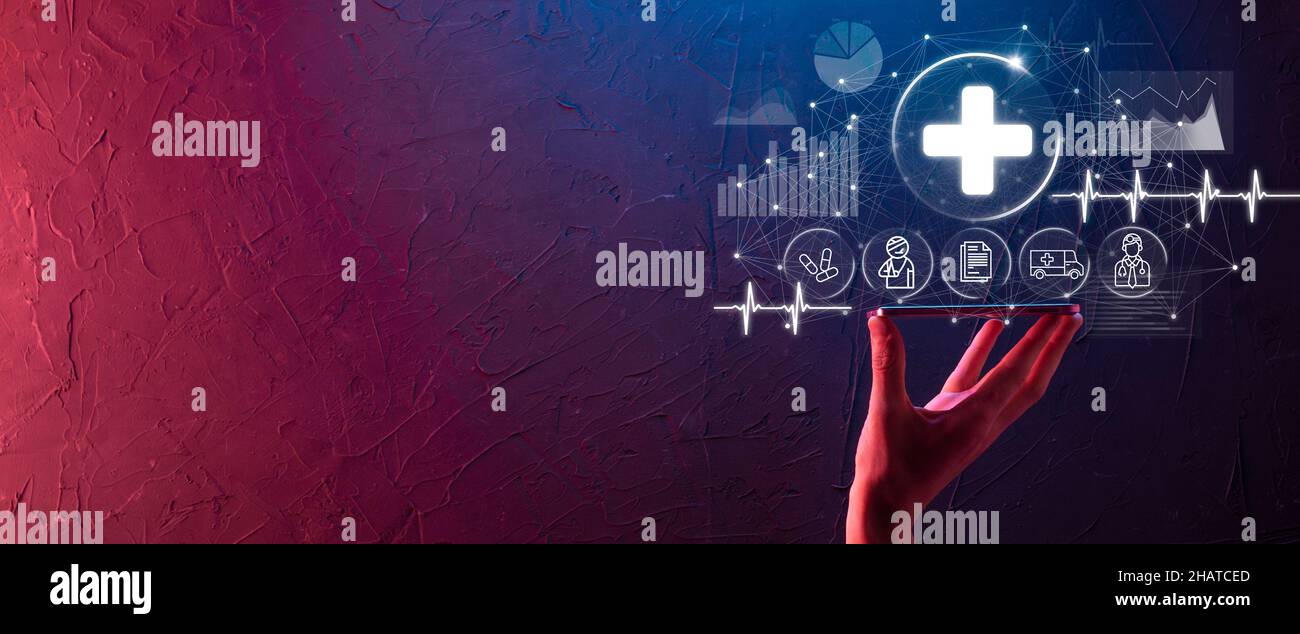 Businessman hold virtual plus medical network connection icons. Covid ...