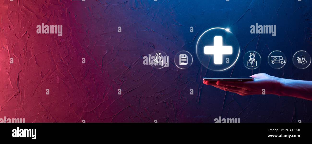 Businessman hold virtual plus medical network connection icons. Covid ...