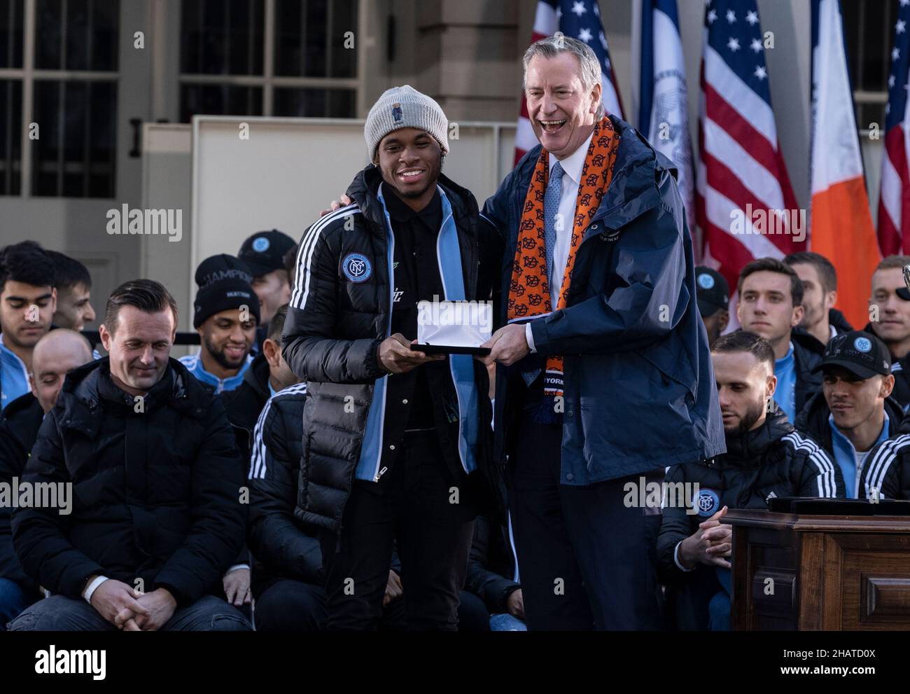 New York, USA. 14th Dec, 2021. Defender Tayvon Gray received Keys to ...