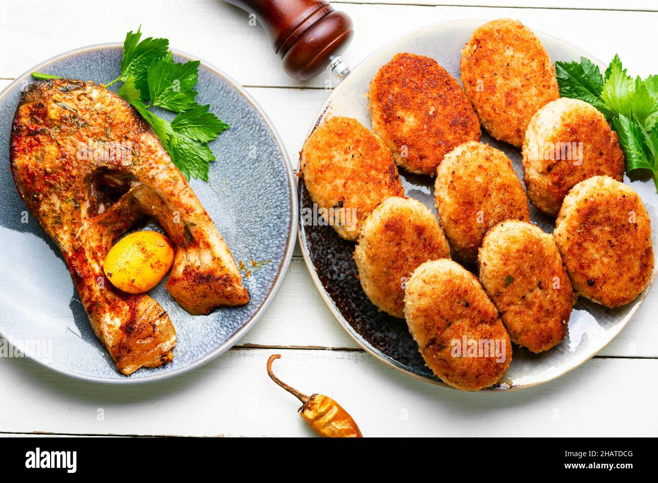 Homemade minced fish cutlets and fish steak Stock Photo - Alamy