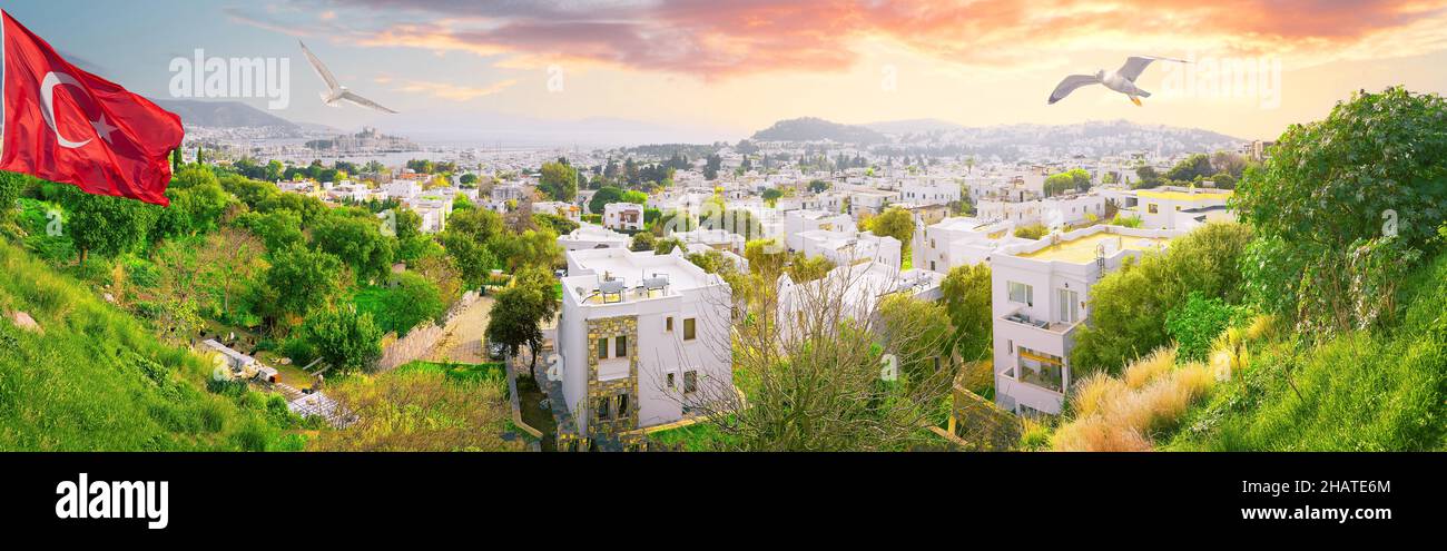 Bodrum panorama with white houses and marina with Turkish flag Stock ...
