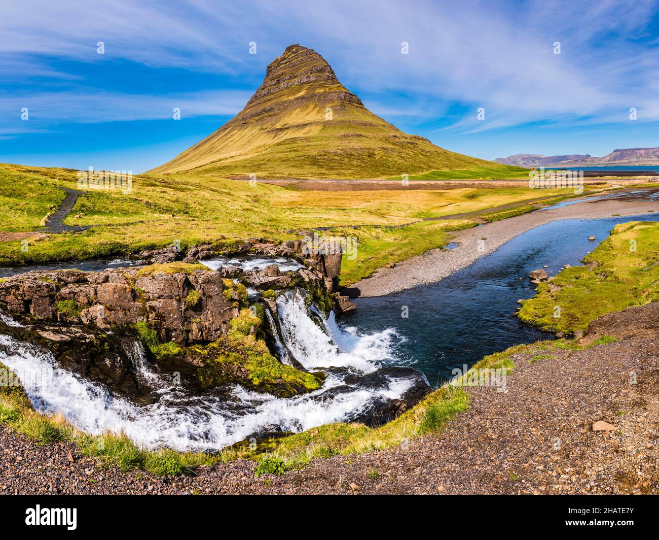 Panorama of Kirkjufell and the lower Kirkjufellsfoss Falls ...