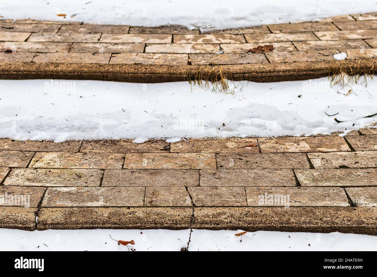 Paving paths in the park, covered with the first snow in winter. Winter ...