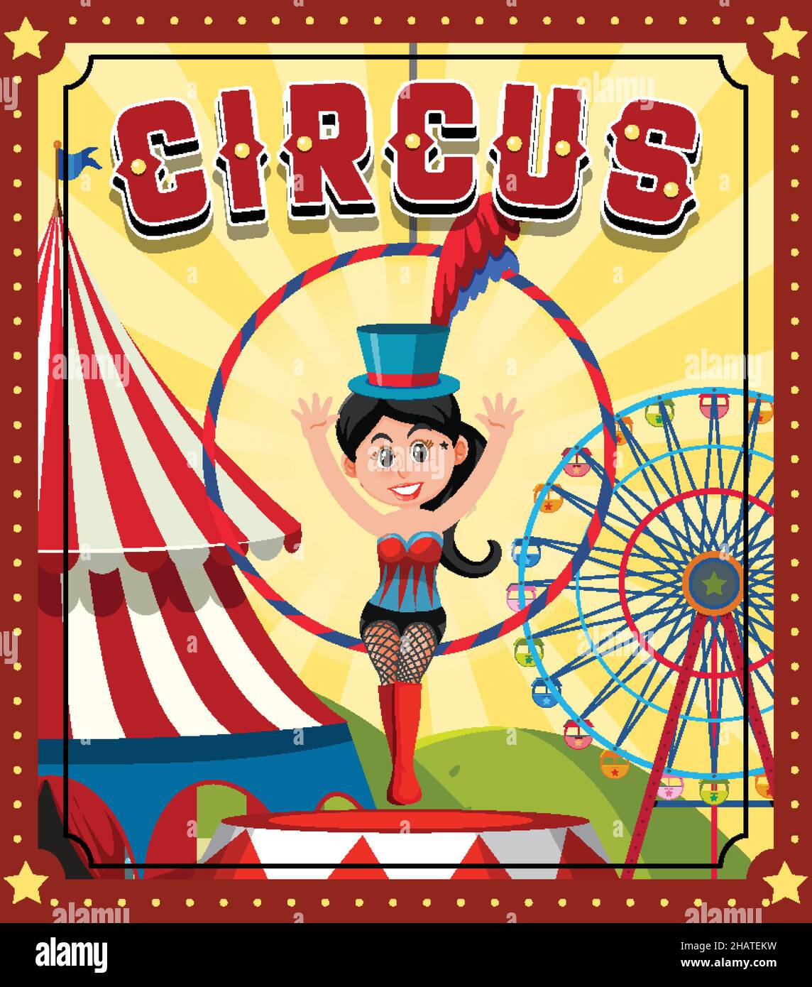 Circus banner design with aerial female gymnast on ring illustration ...