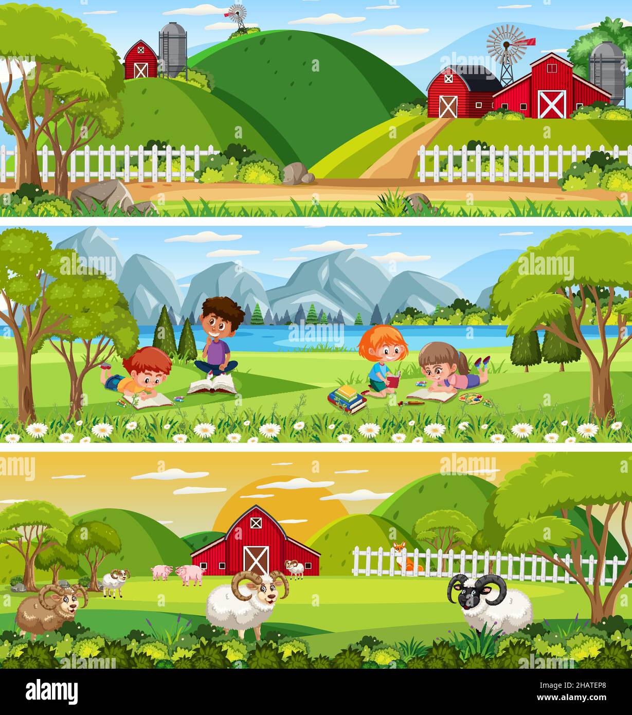 Different nature landscape at daytime scene with cartoon character ...